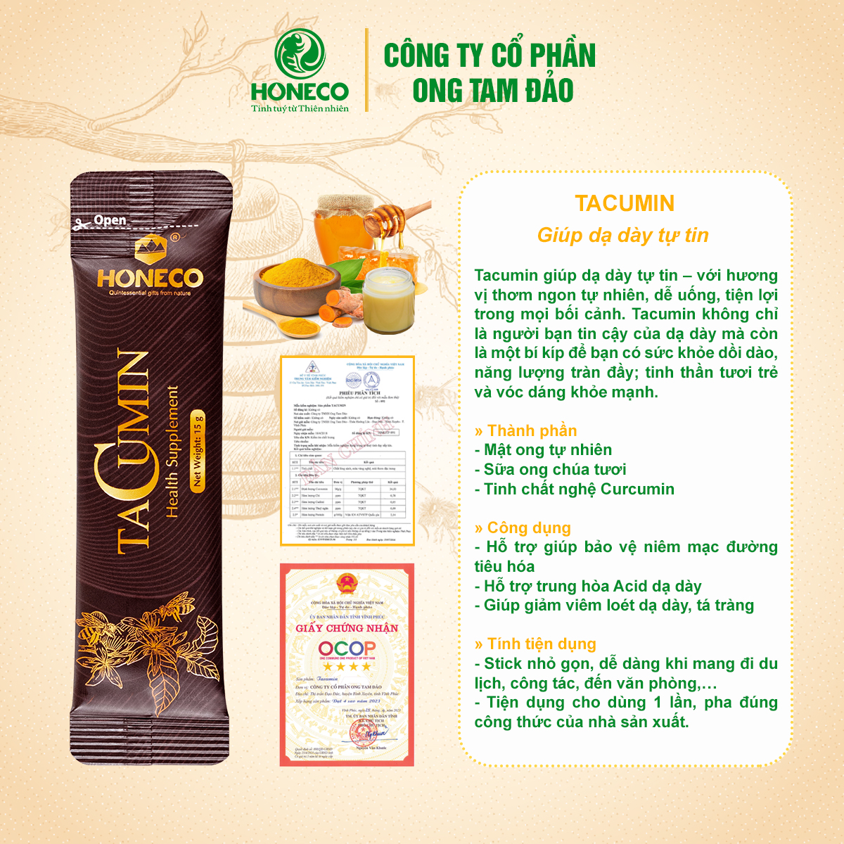 Mật ong nghệ sữa chúa Tacumin HONECO (Hộp 15 gói)- Giúp giảm viêm loét ...