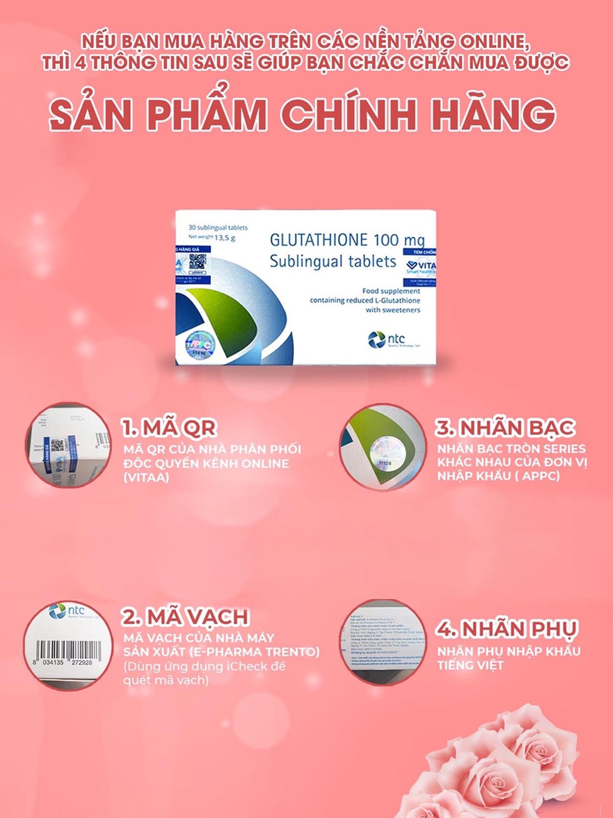 Viên Ngậm Trắng Da Dưới Lưỡi Glutathione 100mg Nhập Khẩu Italy (Hộp 30 ...