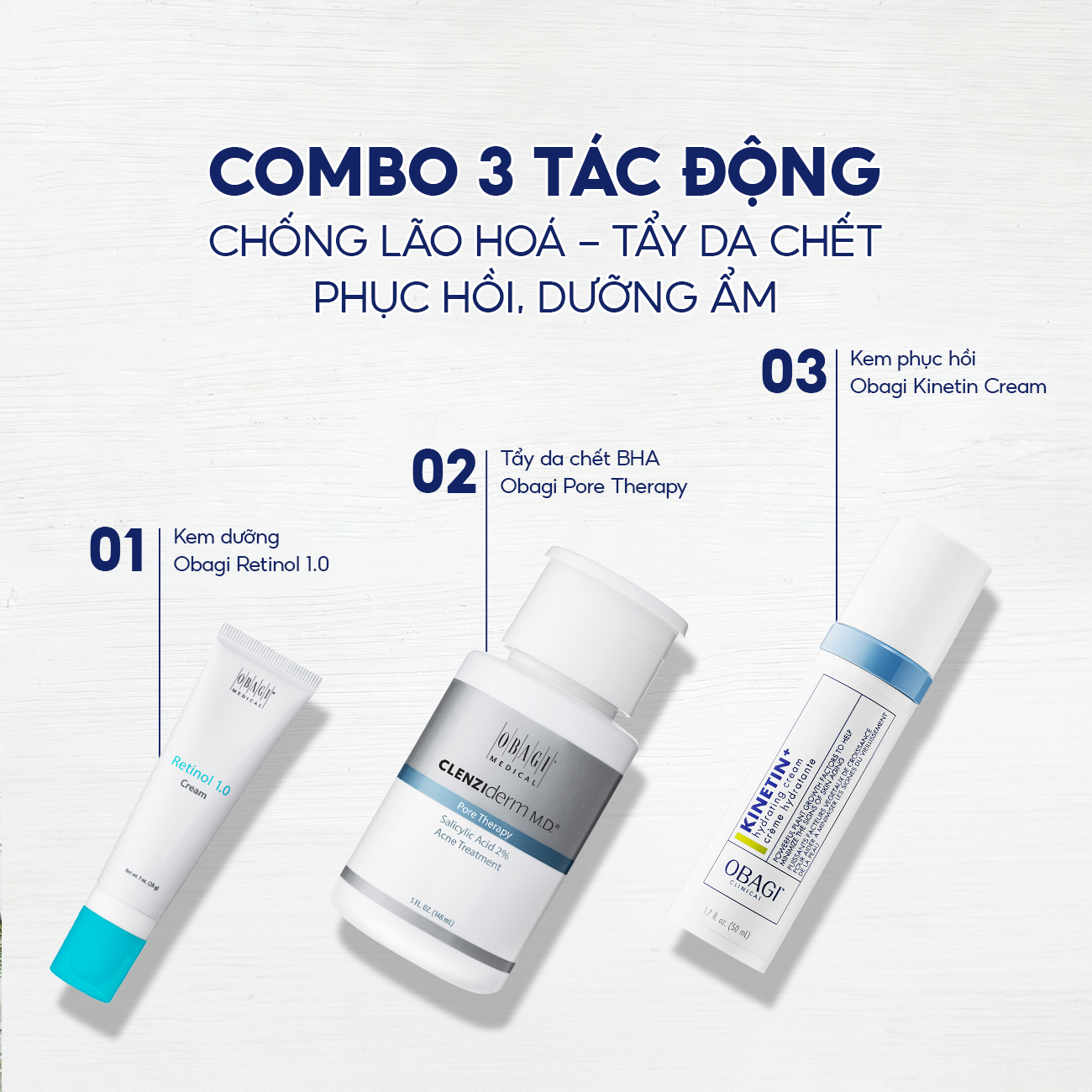 Combo 3 tác động: Kem dưỡng Obagi Retinol 1.0 28g + BHA Obagi Pore ...