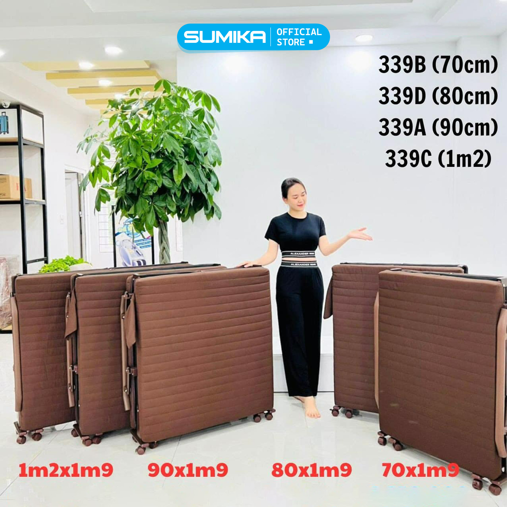 Giường Nệm Xếp Gọn Cao Cấp SUMIKA 339, chiều rộng 70cm, 80cm, 90cm, 120cm, có bánh xe di chuyển ...