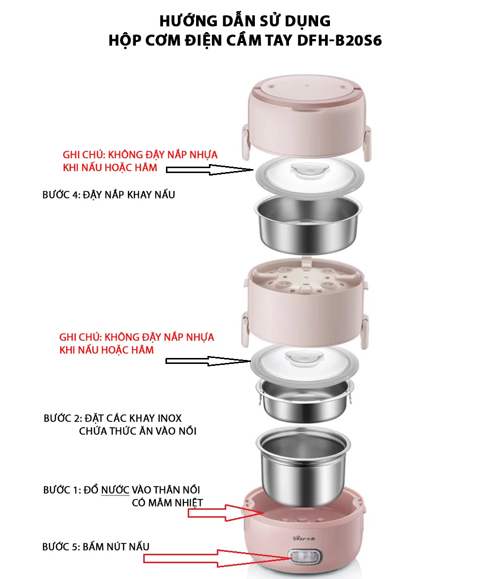 Hộp cơm điện văn phòng cầm tay Bear DFH-B20S6 - 3 khay đựng thức ăn ...