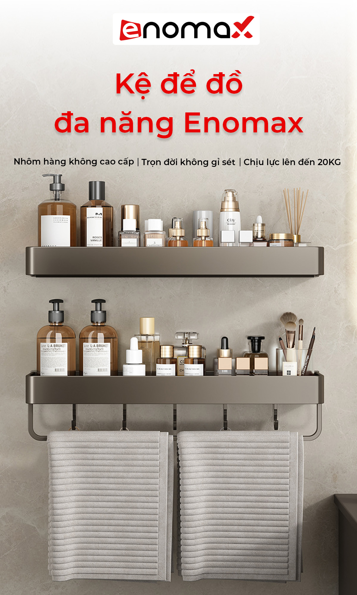 Kệ phòng tắm Enomax đa năng dán tường, để đồ nhà tắm, chất liệu nhôm ...
