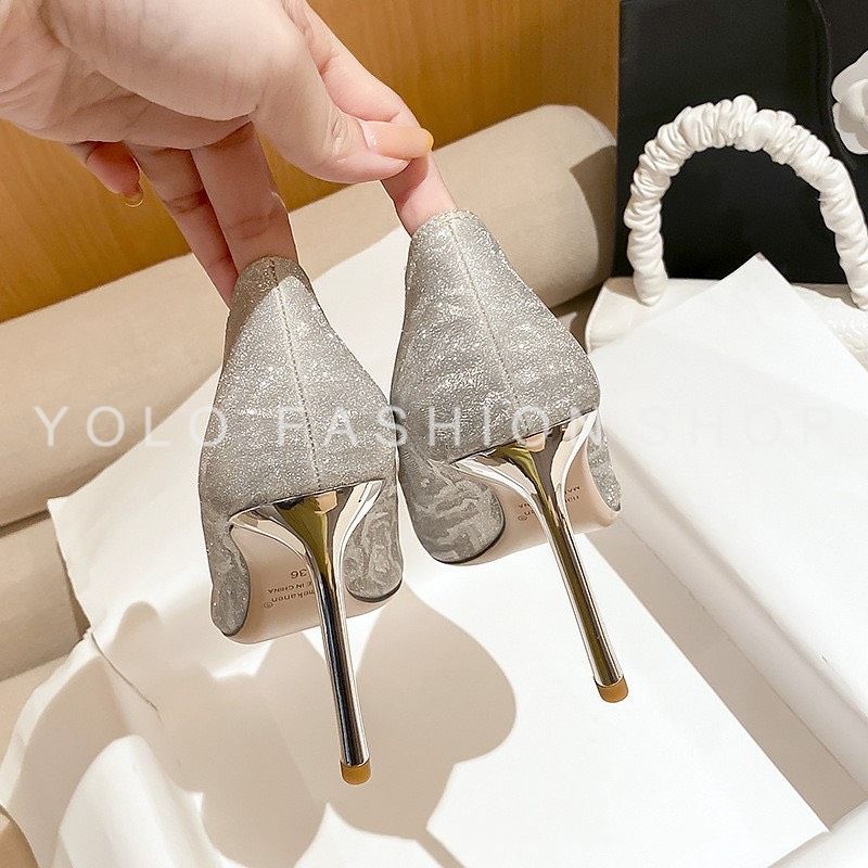 [FREESHIP] FORM RỘNG Giày cao gót dự tiệc 9cm mũi nhọn ánh kim đính nơ ...