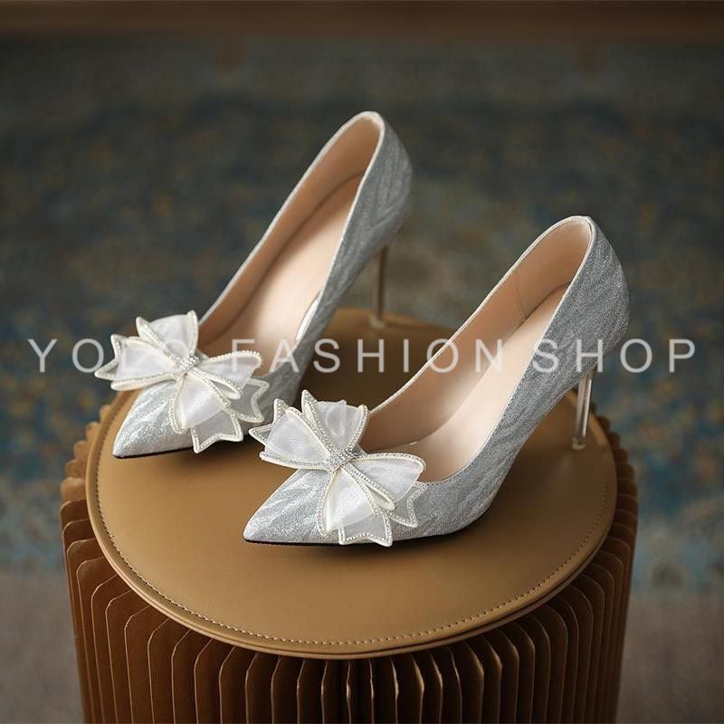 [FREESHIP] FORM RỘNG Giày cao gót dự tiệc 9cm mũi nhọn ánh kim đính nơ ...