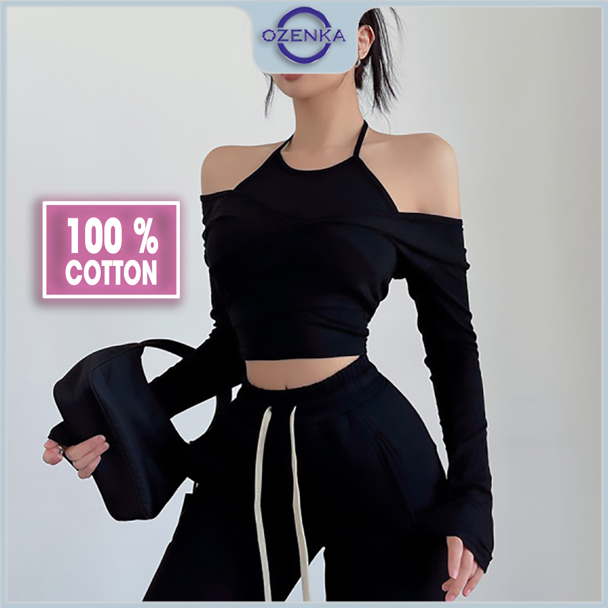 Áo croptop tay dài cổ yếm trễ vai ôm body cotton Ozenka , crt 3 lớp kiểu gợi cảm tôn dáng màu ...