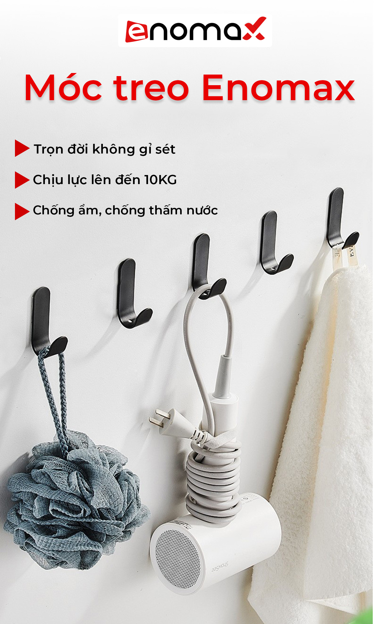 Móc dán tường Enomax chịu lực, không cần khoan tường để treo đồ đa năng ...