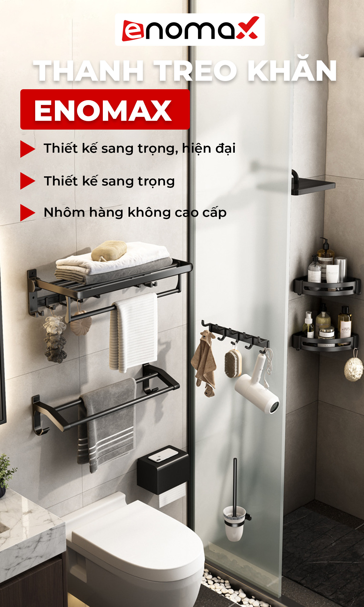 Giá treo khăn mặt Enomax dán tường, chất liệu nhôm không gian cao cấp ...
