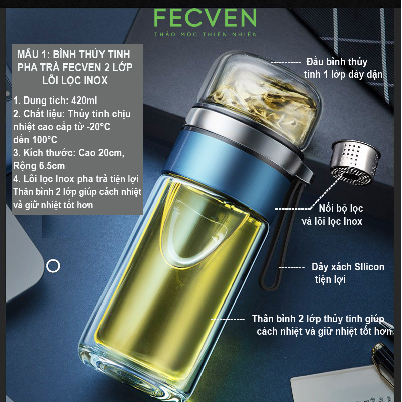 Bình Thủy Tinh Pha Trà 2 Lớp Có Lõi Lọc, Quai Xách Silicon Bền Bỉ, Dung Tích 420ml Fecven ...