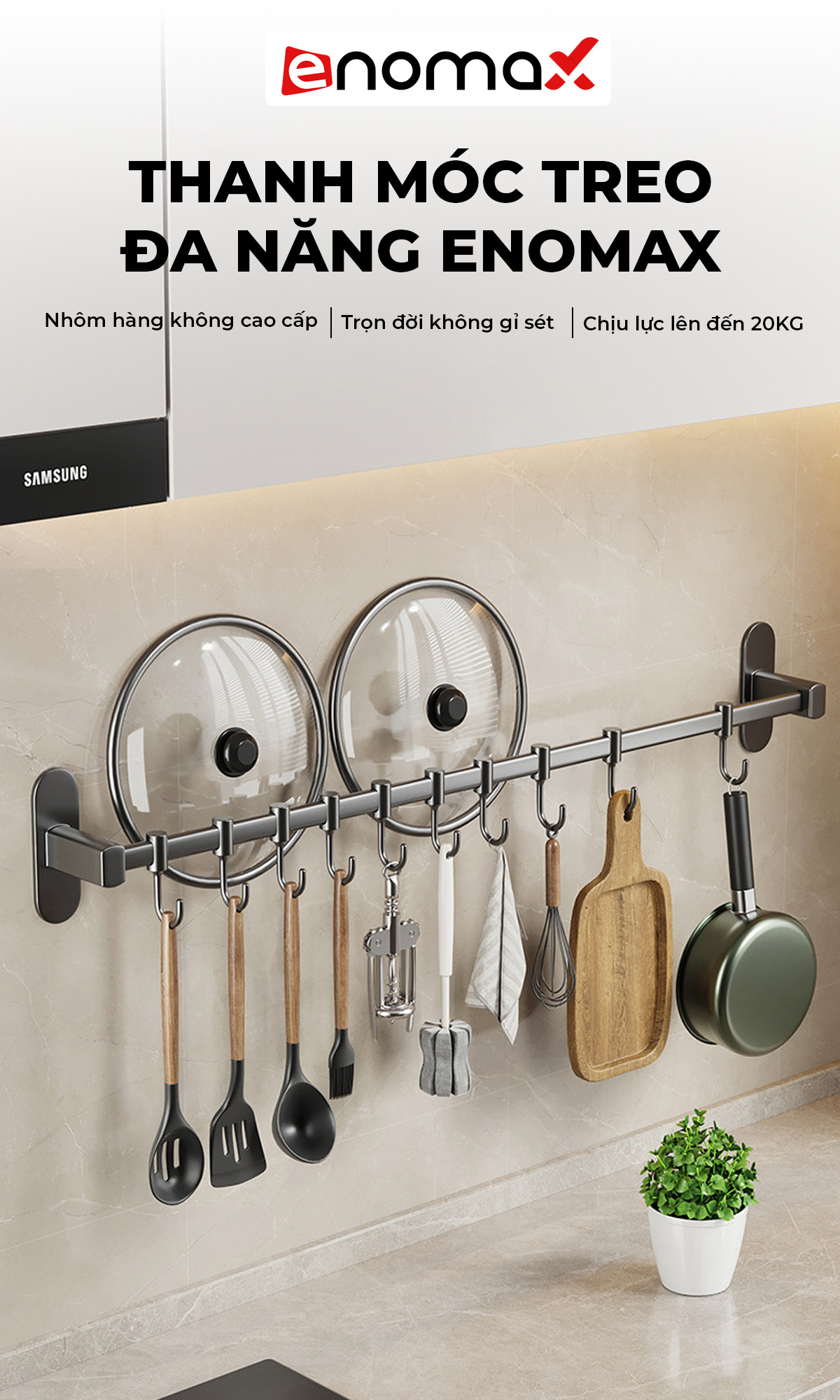 Móc dán tường Enomax treo đồ nhà bếp treo nắp nồi, chất liệu nhôm hàng ...