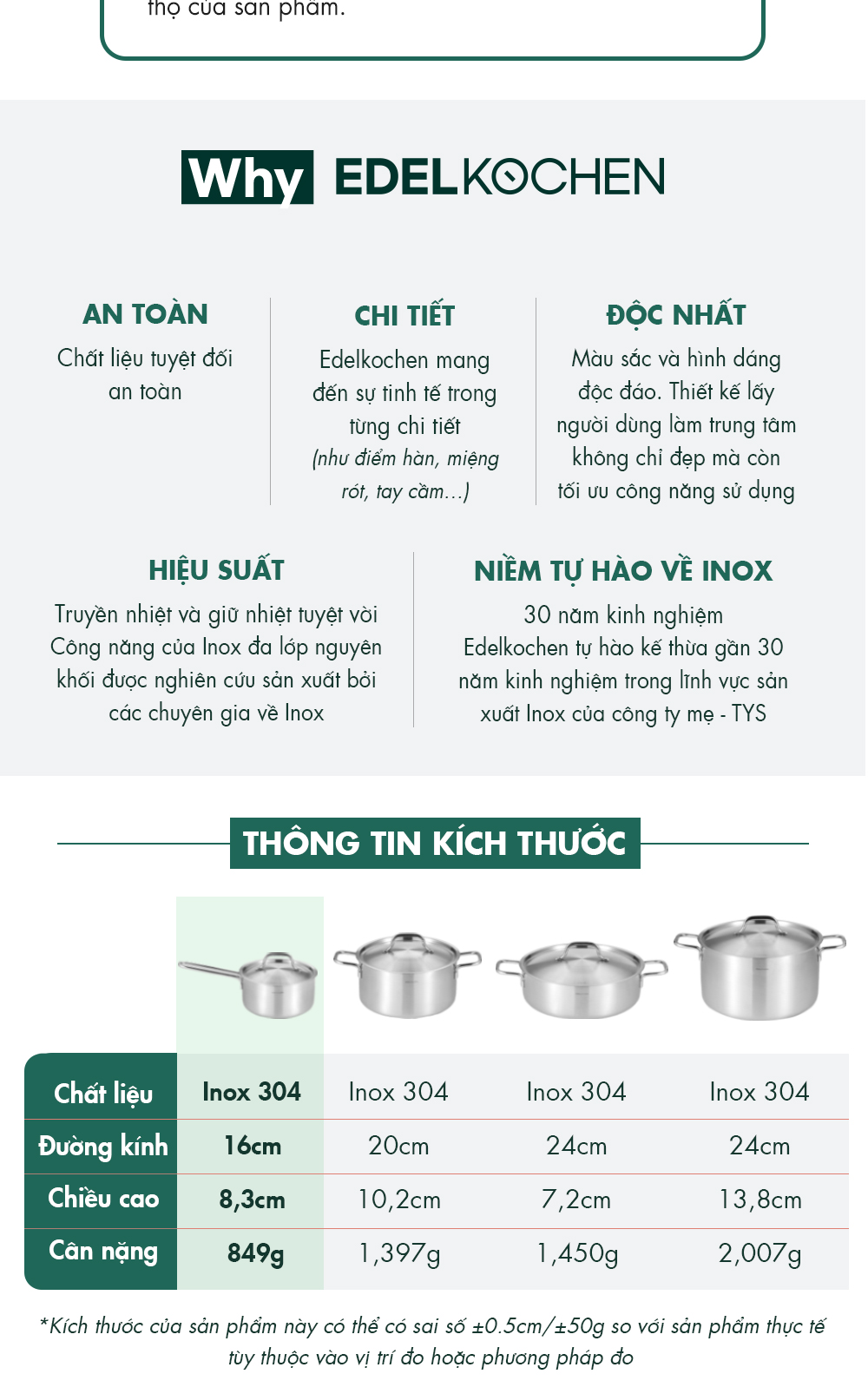 Nồi inox cán dài, quánh 3 lớp nguyên khối Edelkochen All Day Collection size 16cm | Shopee Việt Nam