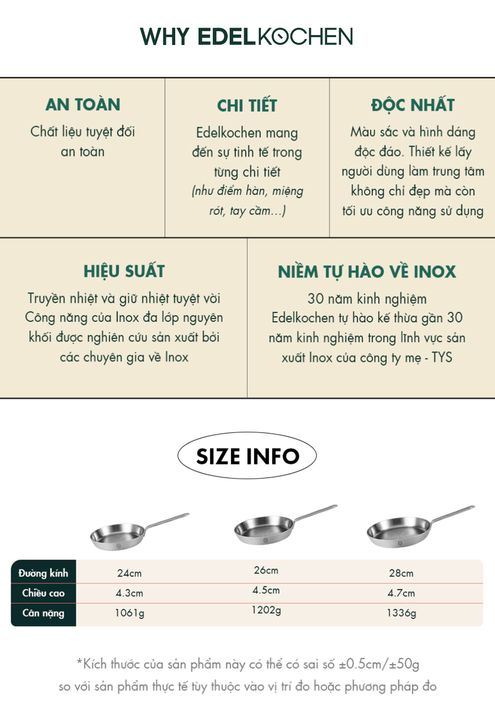 Chảo chiên inox 316 - 5 lớp nguyên khối cao cấp Edelkochen Vola Collection 24 / 26 / 28cm ...