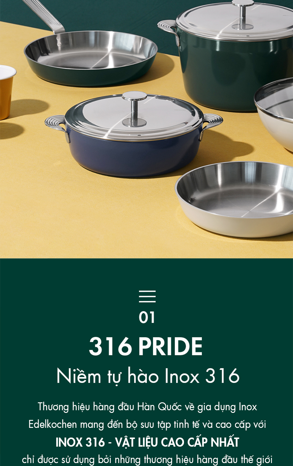 Nồi inox 316 cán dài, quánh 5 lớp nguyên khối cao cấp Edelkochen Vola ...