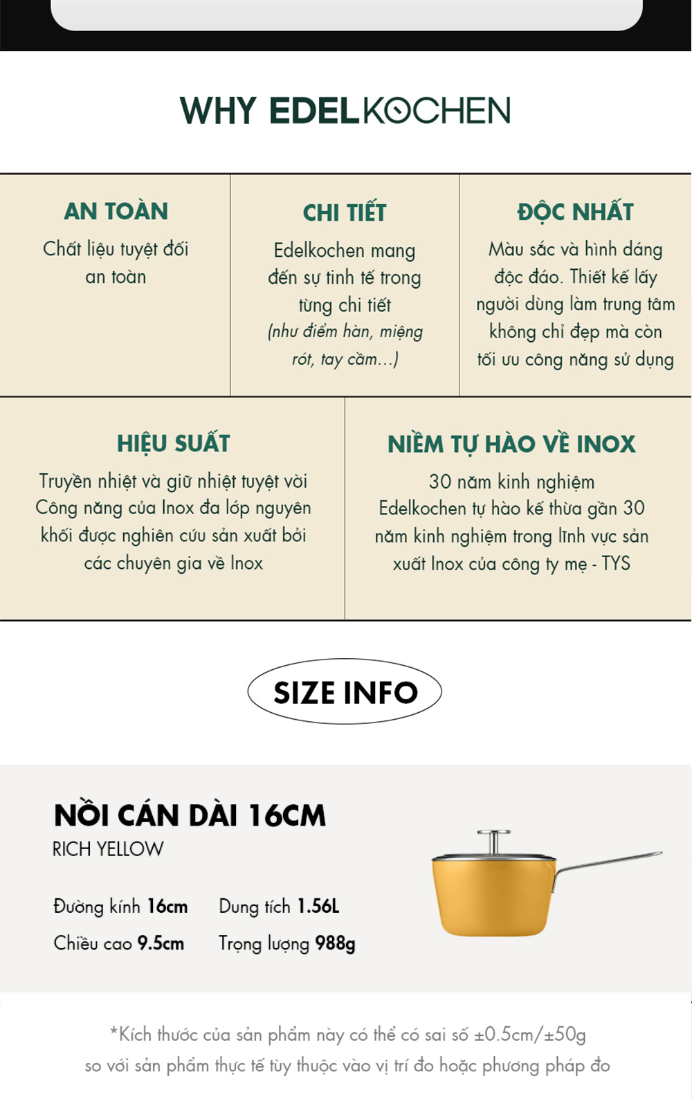 Nồi inox 316 cán dài, quánh 5 lớp nguyên khối cao cấp Edelkochen Vola Collection size 16cm – Màu ...