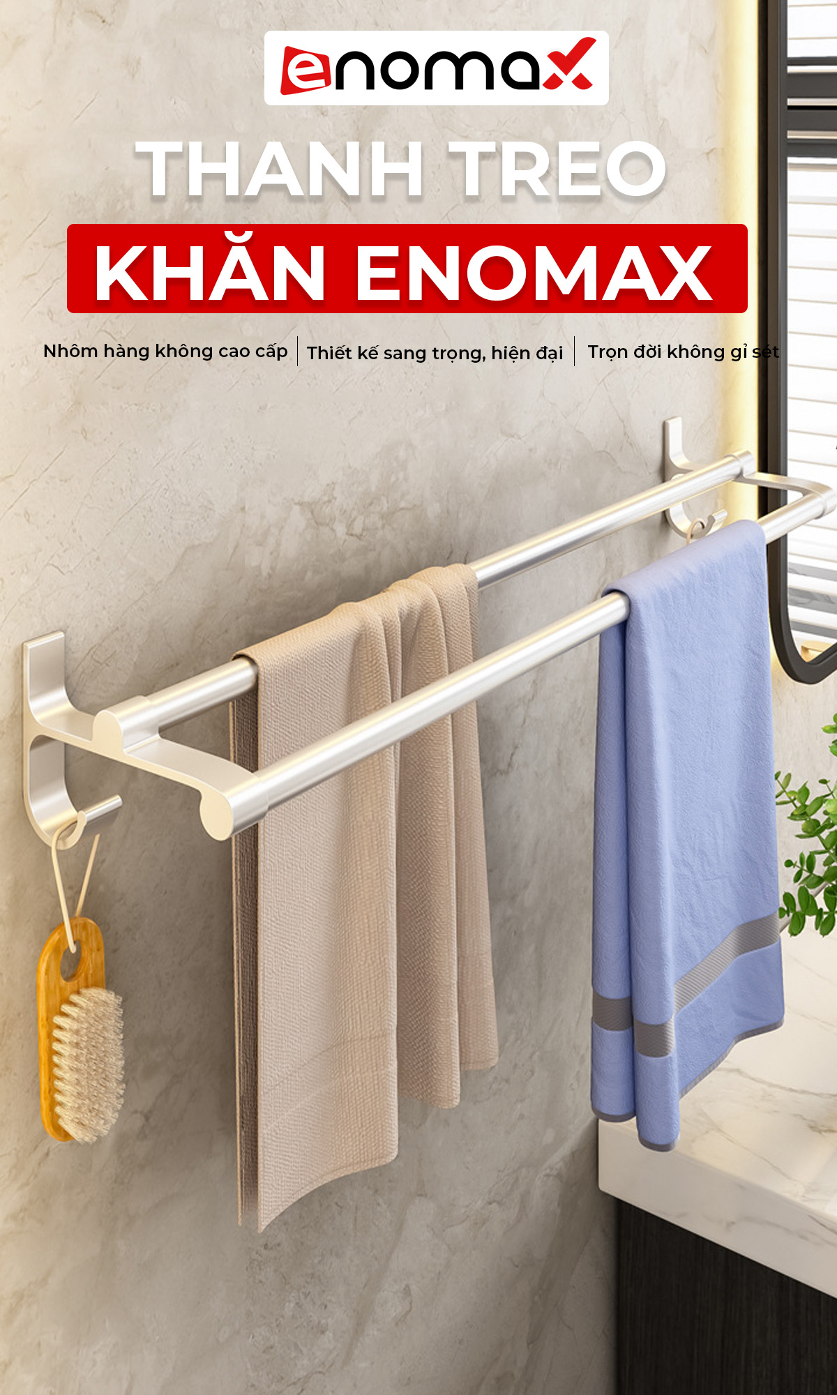 Giá treo khăn nhà tắm Enomax lắp đặt không cần khoan, Chất liệu nhôm ...