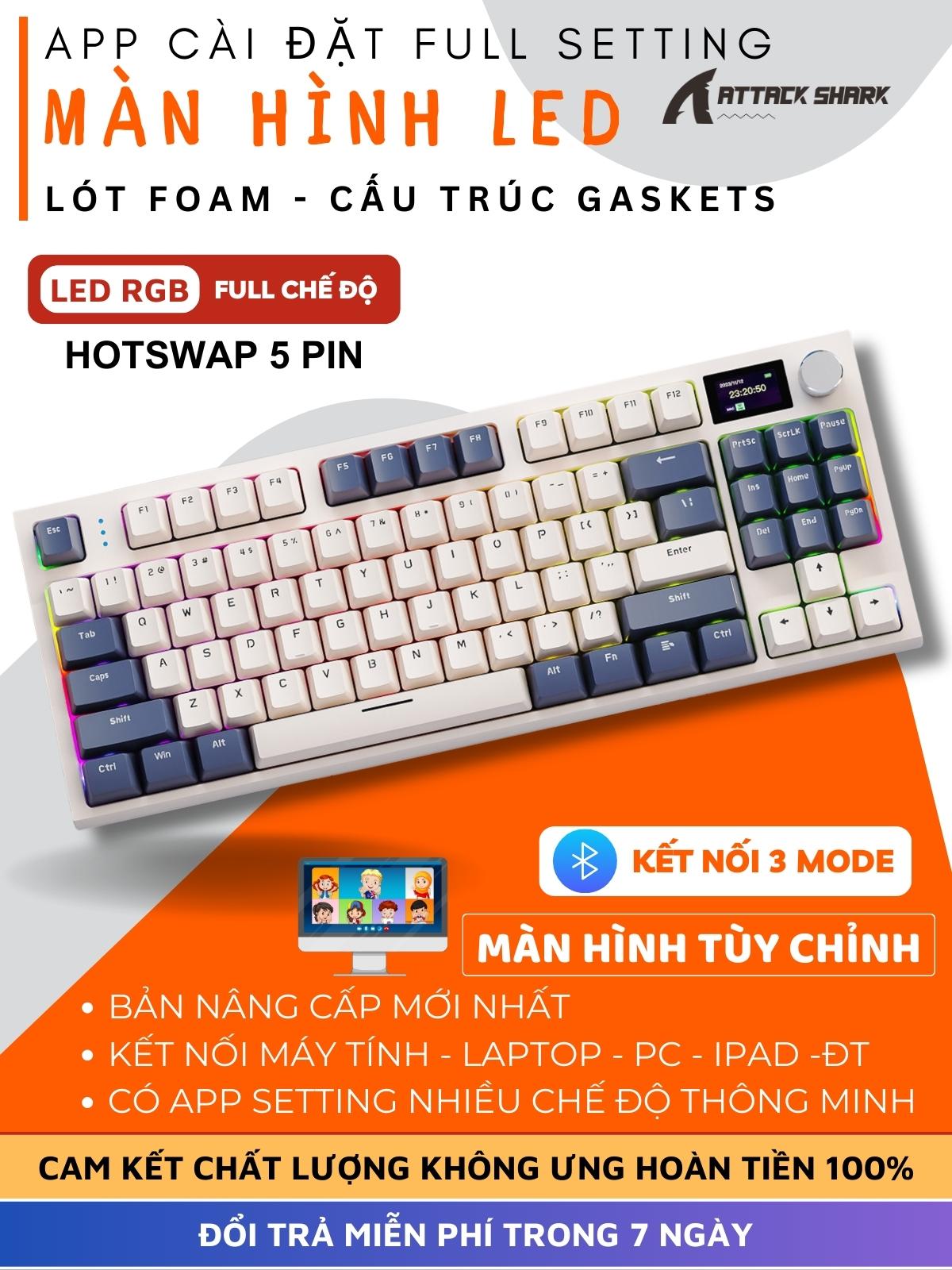 Bàn Phím Cơ Bluetooth Attack Shark K86 Gaming LED RGB Có Màn Hình Tùy Chỉnh HOTSWAP 5 Pin 3 Mod ...