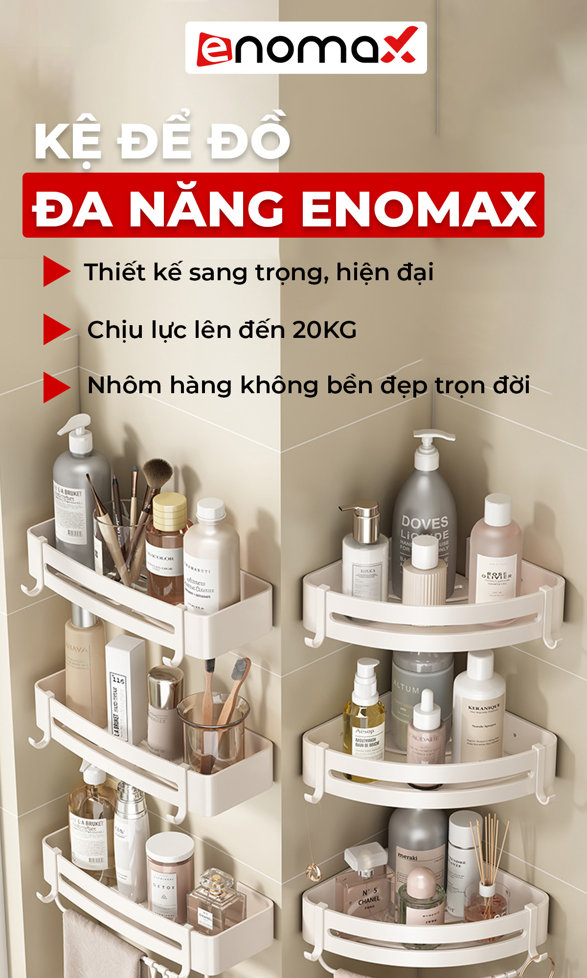 Kệ để nhà tắm Enomax đa năng dán tường / khoan tường, chất liệu nhôm ...