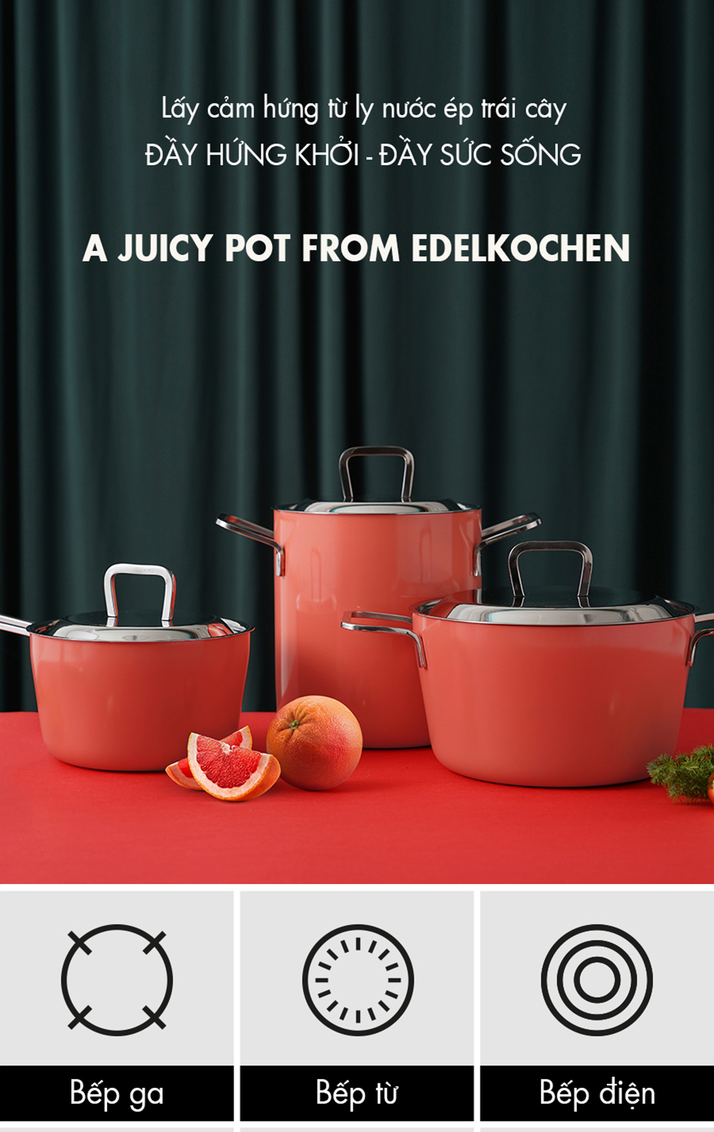 Nồi inox cán dài, quánh 3 lớp nguyên khối Edelkochen Juicy Collection size 16cm – Màu Sunset ...