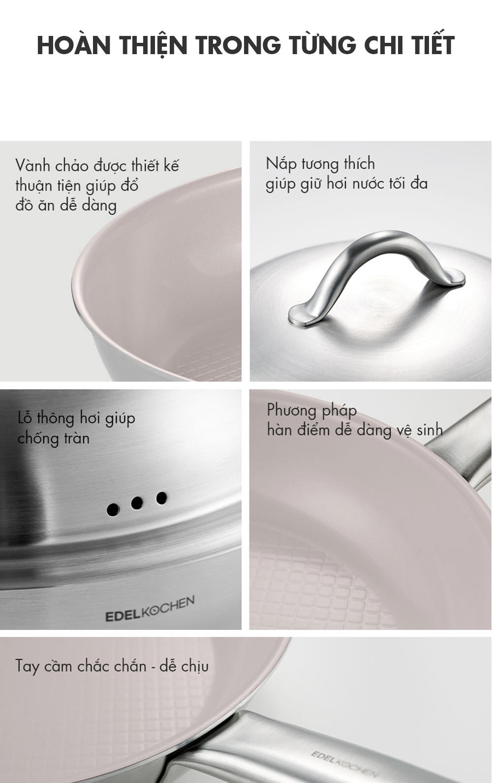 Chảo chiên inox 3 lớp nguyên khối, chống dính ceramic Edelkochen Easy Prism Collection 24/28cm ...