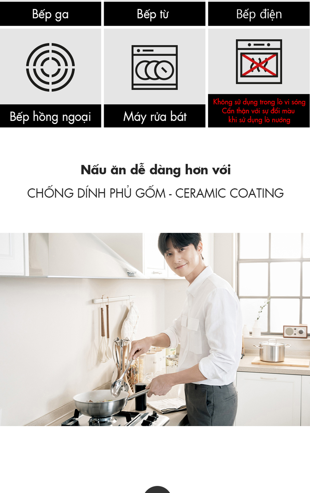 Chảo chiên inox 3 lớp nguyên khối, chống dính ceramic Edelkochen Easy ...
