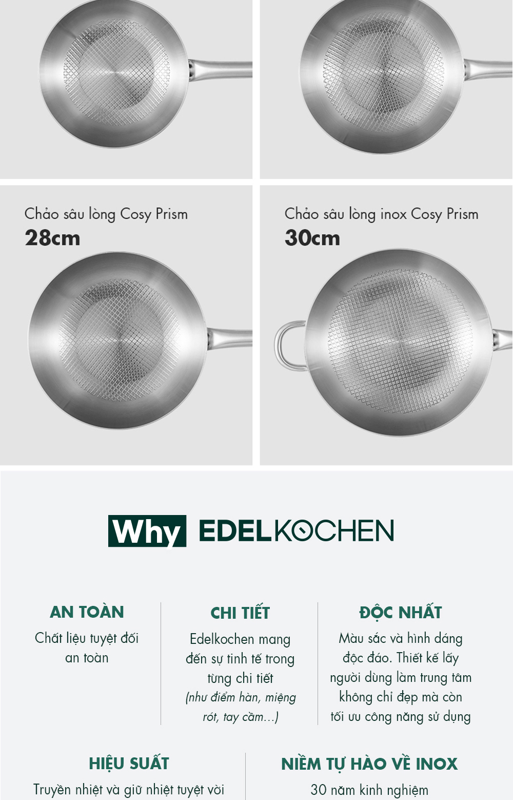 Chảo chiên inox 3 lớp nguyên khối Edelkochen Cosy Prism Collection 24/28/32cm | Shopee Việt Nam