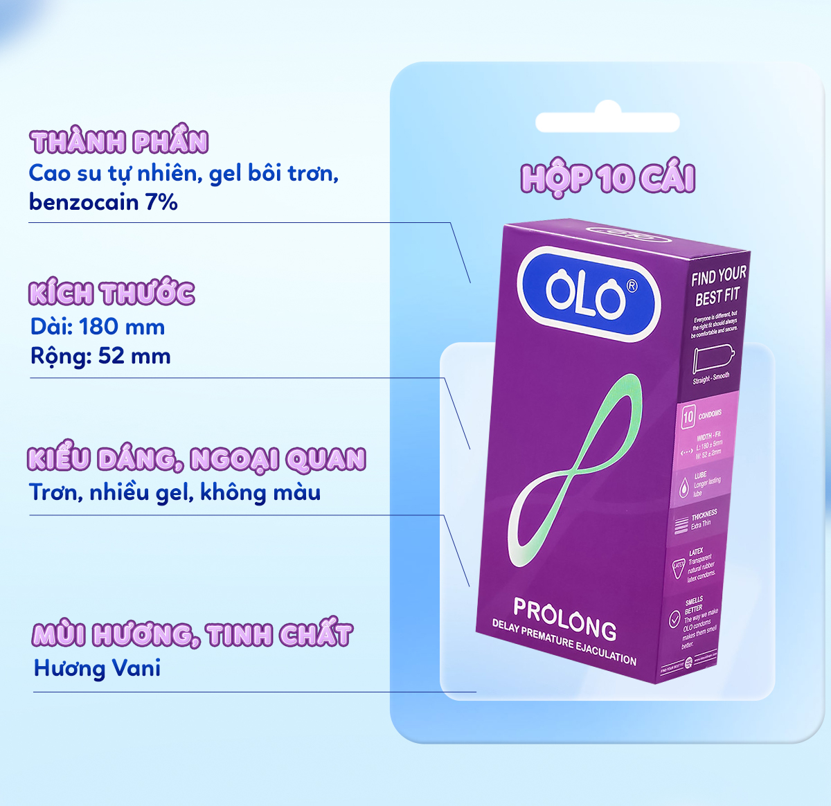 Bao cao su OLO Prolong - trơn siêu mỏng, size thông thường 52mm, benzocaine 7%, siêu lâu, kéo ...