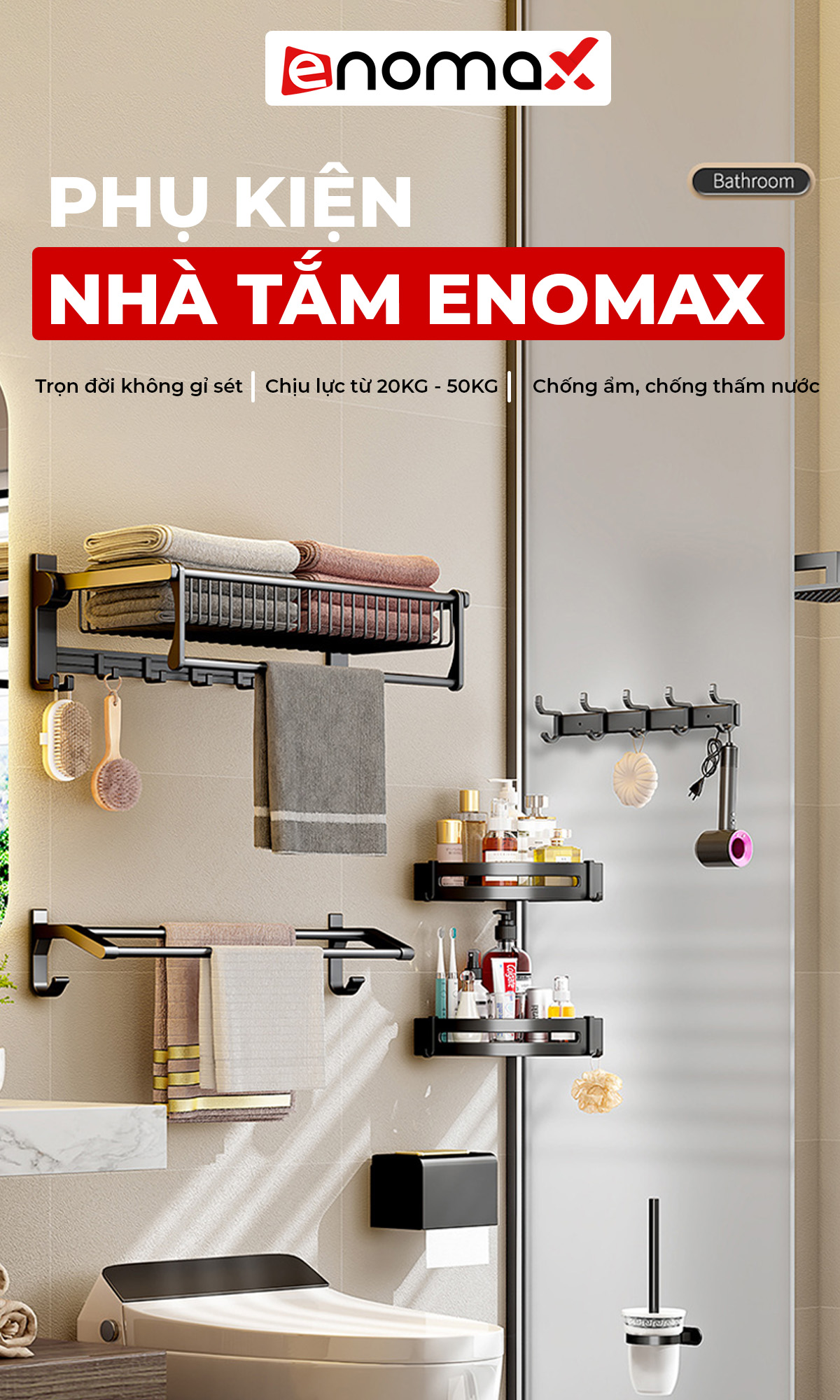 Kệ nhà tắm Enomax để đồ phòng tắm đa năng tiện lợi treo tường, đựng mỹ ...