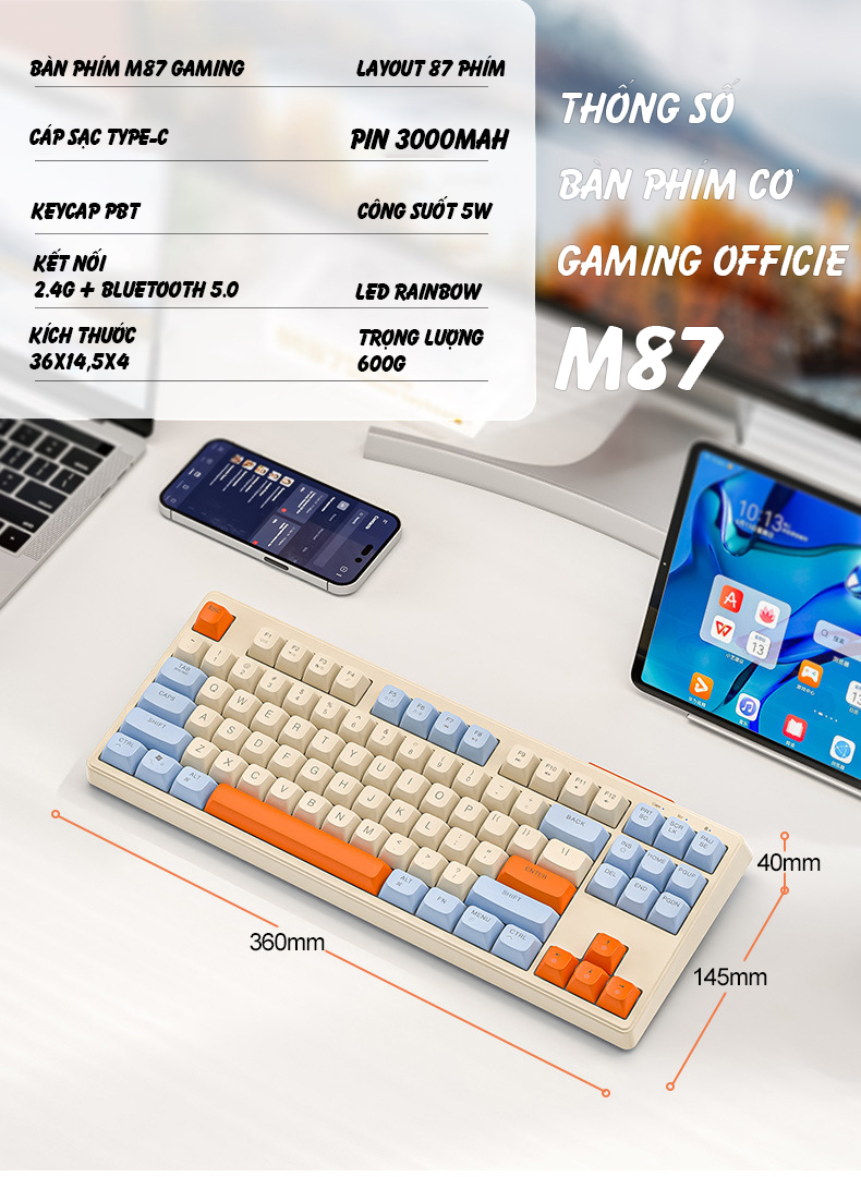 Bàn phím không dây Bluetooth M87 - Led Rainbow - Pin Sạc - Phím PBT ...