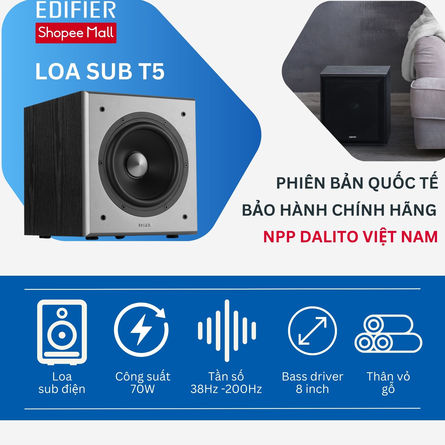 Loa sub điện EDIFIER T5/T5S 70W, Siêu trầm Bass 20, Bổ sung âm trầm ...