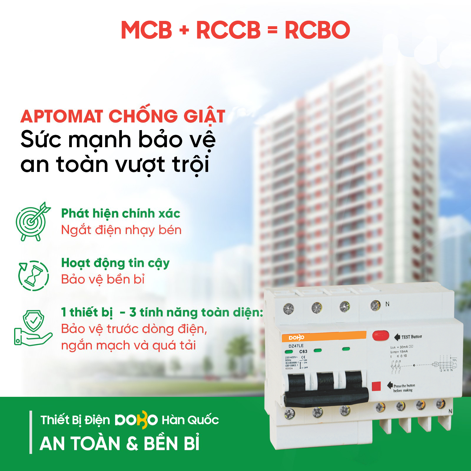 [RCBO 3P 63A] Cầu Dao Chống Giật RCBO 3 Pha 380V 63A RCBO DOBO KOREA ...