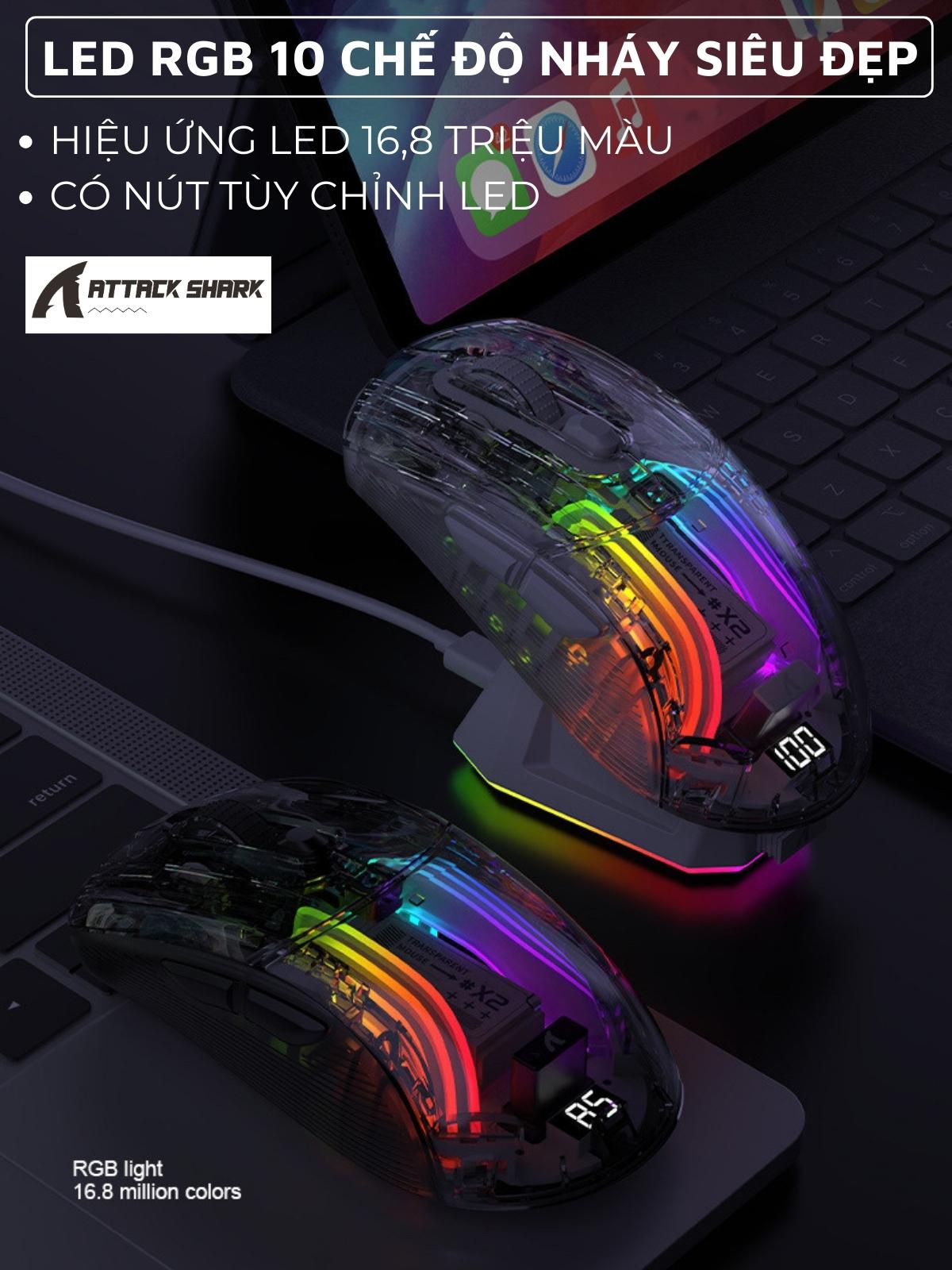 Chuột Không Dây Gaming Attack Shark X2 PRO Trong Suốt LED RGB, Pin Trâu ...