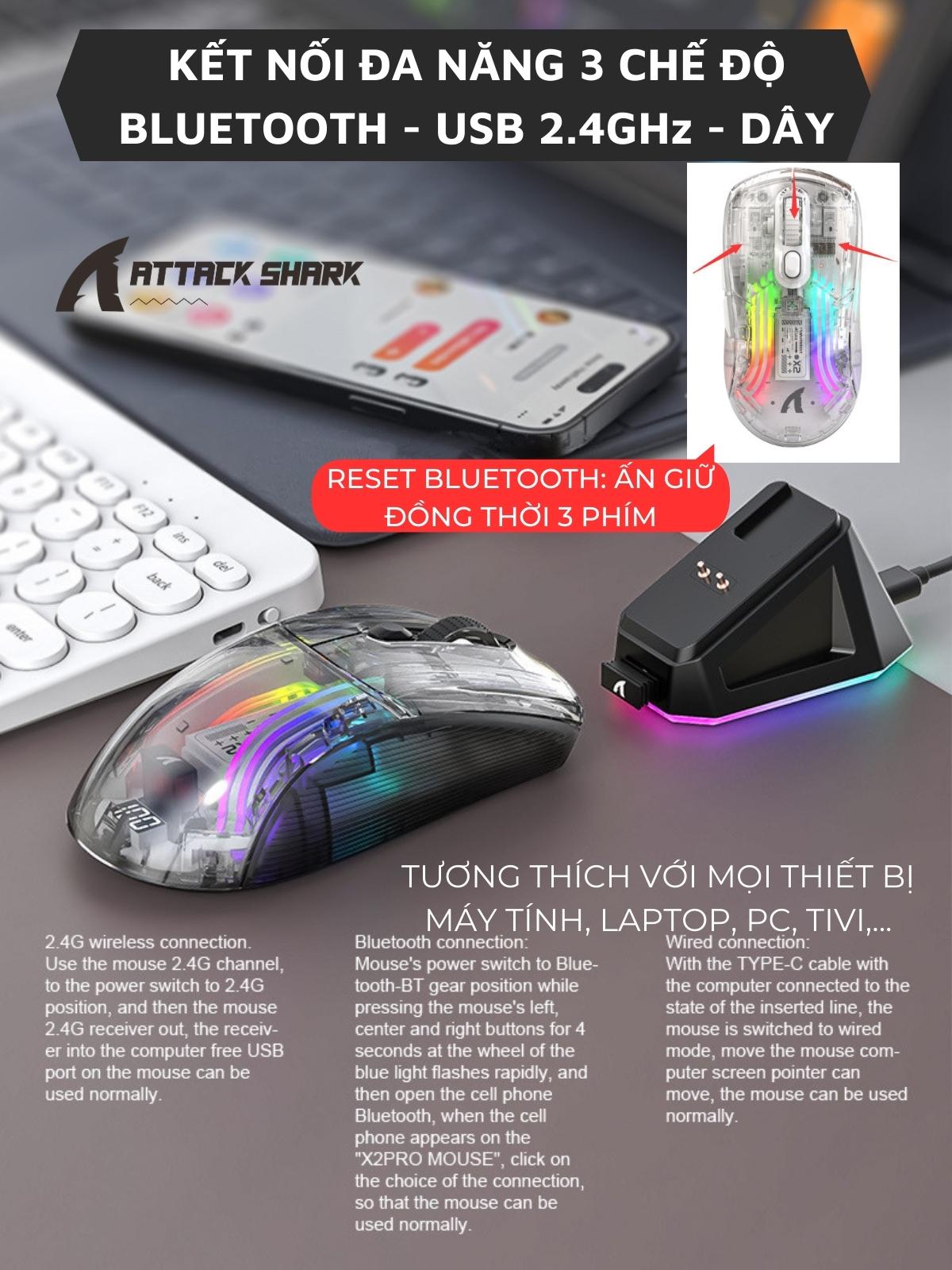 Chuột Không Dây Gaming Attack Shark X2 PRO Trong Suốt LED RGB, Pin Trâu ...