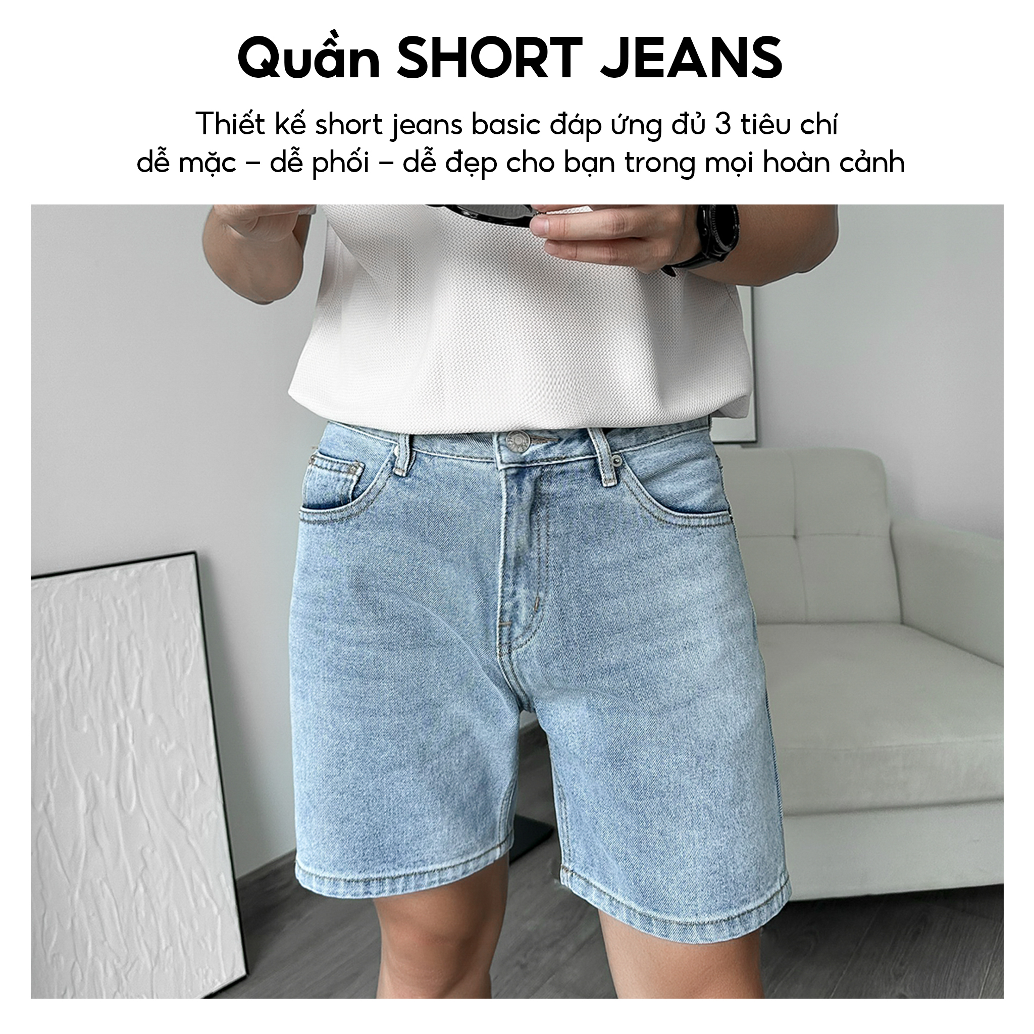 Quần short nam JEANS basic cao cấp, vải dày đẹp không bay màu dễ phối đồ, form trên gối ...