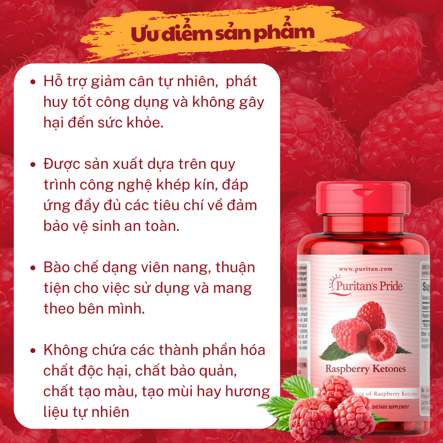Hỗ trợ giảm cân đẹp dáng, giảm lượng cholesterol trong máu Raspberry Ketones 100mg 120 viên ...
