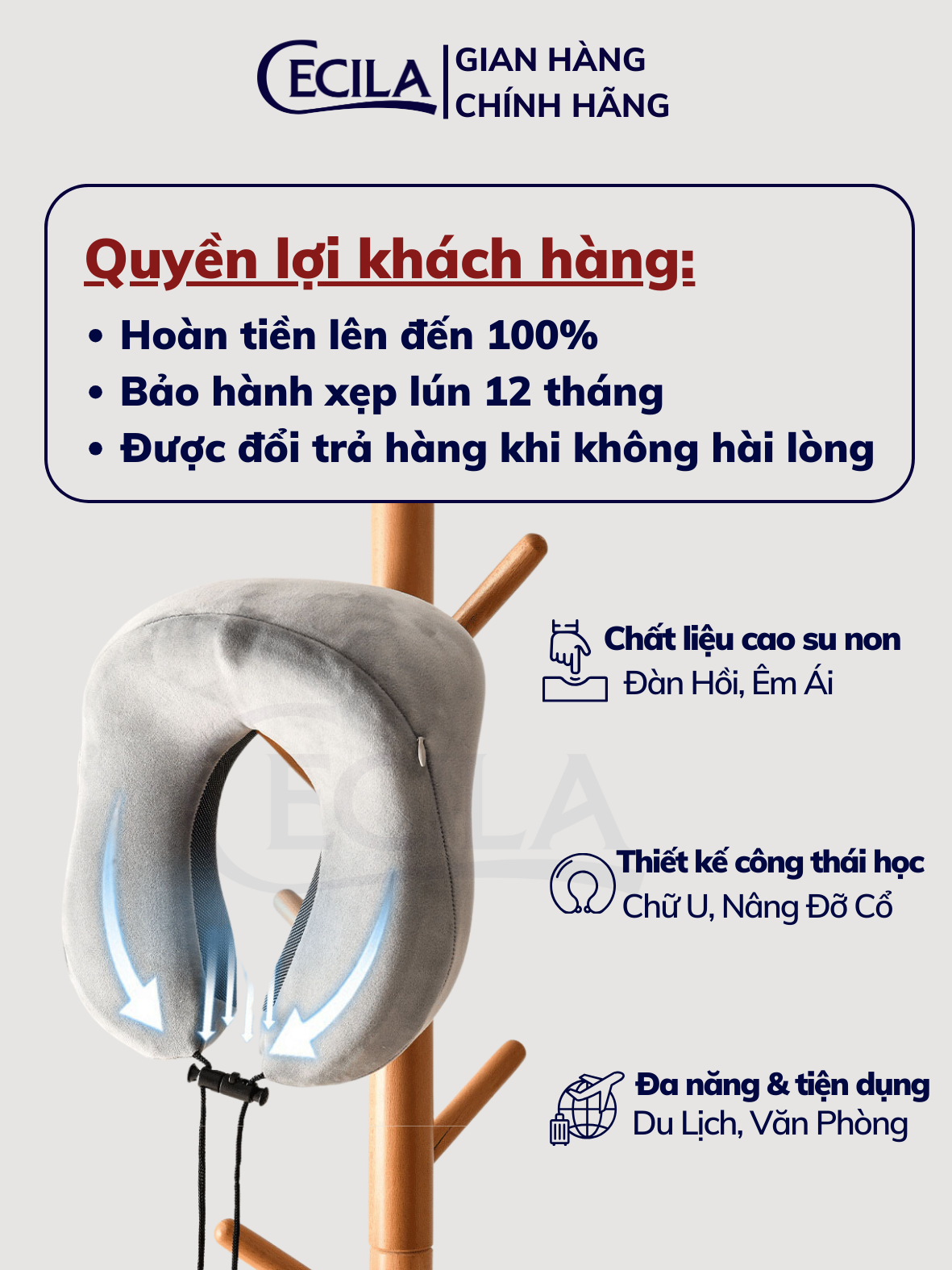 Gối kê cổ chữ U cao su non CECILA cao cấp chống đau mỏi cổ cho dân văn phòng, du lịch đi ô tô ...