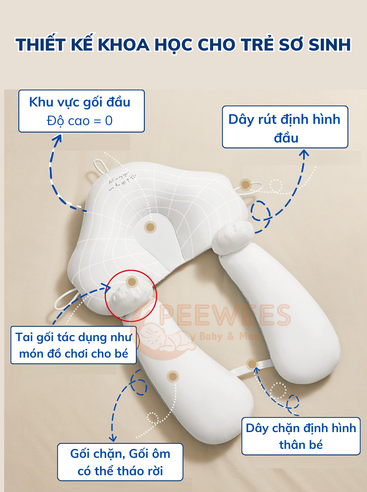 Gối chữ U cho bé sơ sinh PeeWees, chống giật mình chống méo đầu, có dây rút điều chỉnh 3 đầu ...