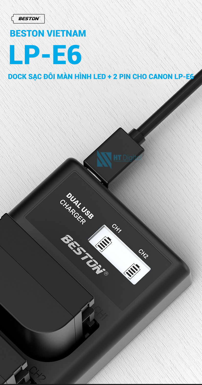 Bộ 2 pin và sạc đôi cho Canon LP-E6/E6N/E6NH Beston dùng cho máy ảnh CANON R5C RA R5 R65D II 5D ...