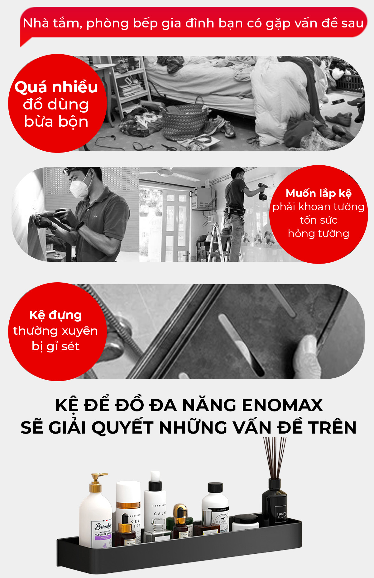 Kệ để đồ nhà tắm Enomax dán tường, để đồ đa năng , đựng mỹ phẩm, dầu ...