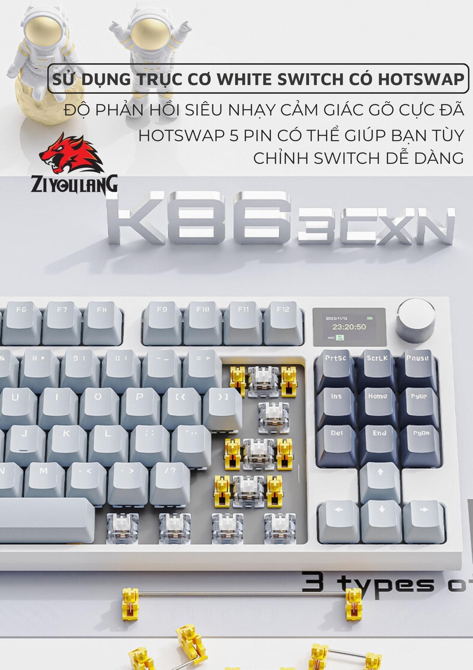 Bàn Phím Cơ Không Dây Bluetooth ZiyouLang K86 RGB Led, Có Màn Hình Led Tùy Chỉnh, Tích Hợp Núm ...