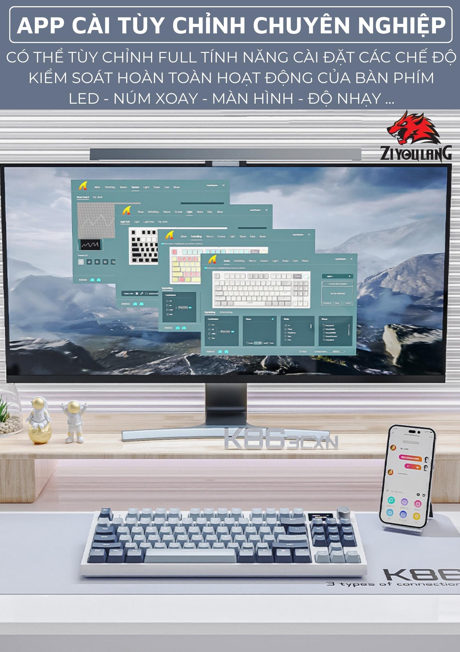 Bàn Phím Cơ Không Dây Bluetooth ZiyouLang K86 RGB Led, Có Màn Hình Led Tùy Chỉnh, Tích Hợp Núm ...