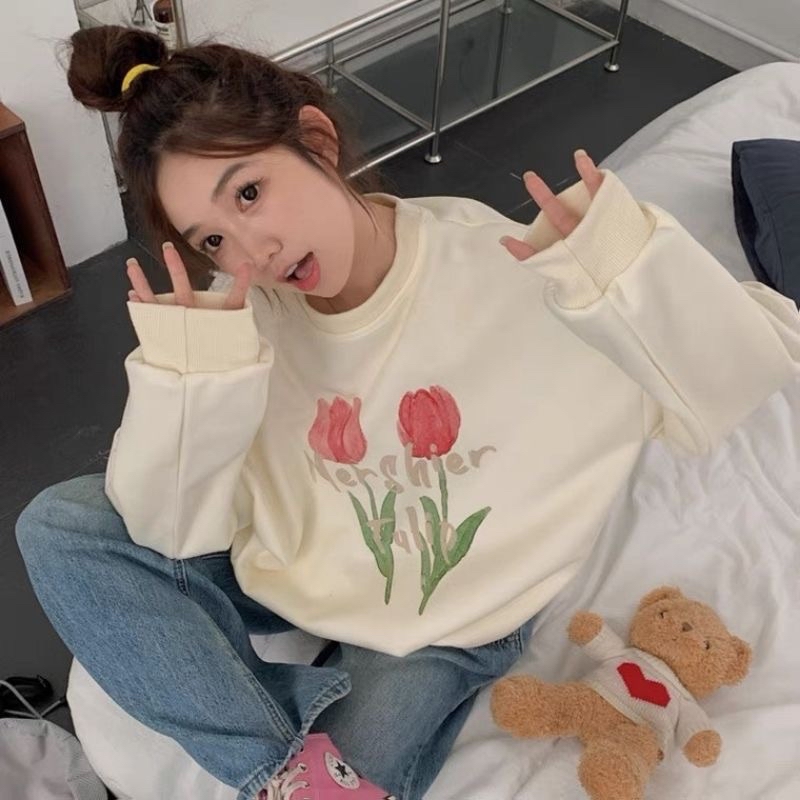 áo sweater nỉ dài tay cổ tròn in hoa tulip tuy luýp tulips nhiều mẫu dễ thương | Shopee Việt Nam