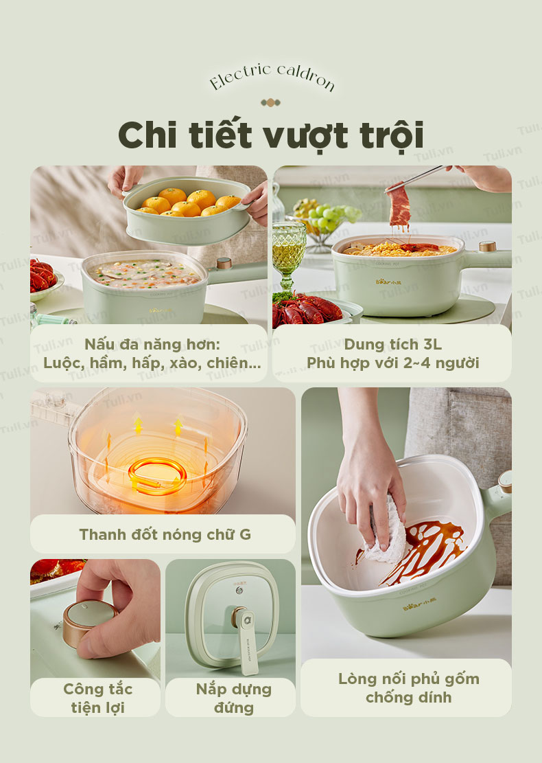 Nồi lẩu điện mini đa năng 3L Bear DRG-E30N2 (kèm khay hấp) -1000W- Lớp ...