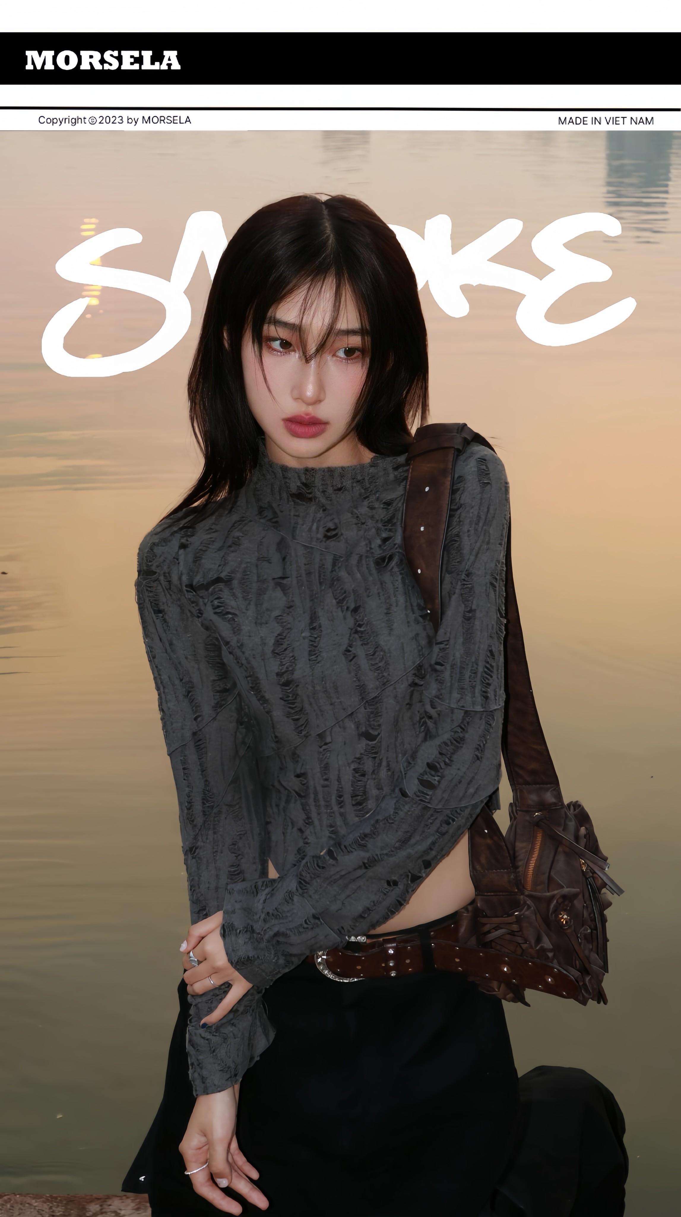 MORSELA chính hãng- Áo croptop nữ kiểu tay dài SMOKE cổ lọ nhúm tay cách điệu phong cách cá tính ...