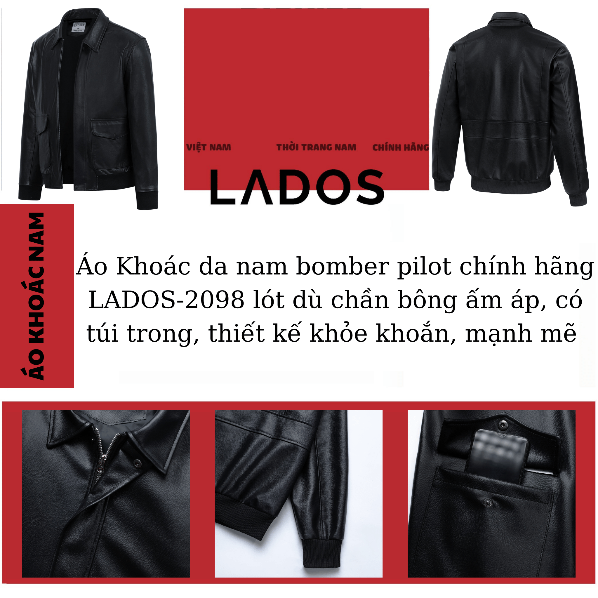 Áo Khoác da nam bomber pilot chính hãng LADOS-22098 lót dù chần bông ấm áp, có túi trong, thiết ...