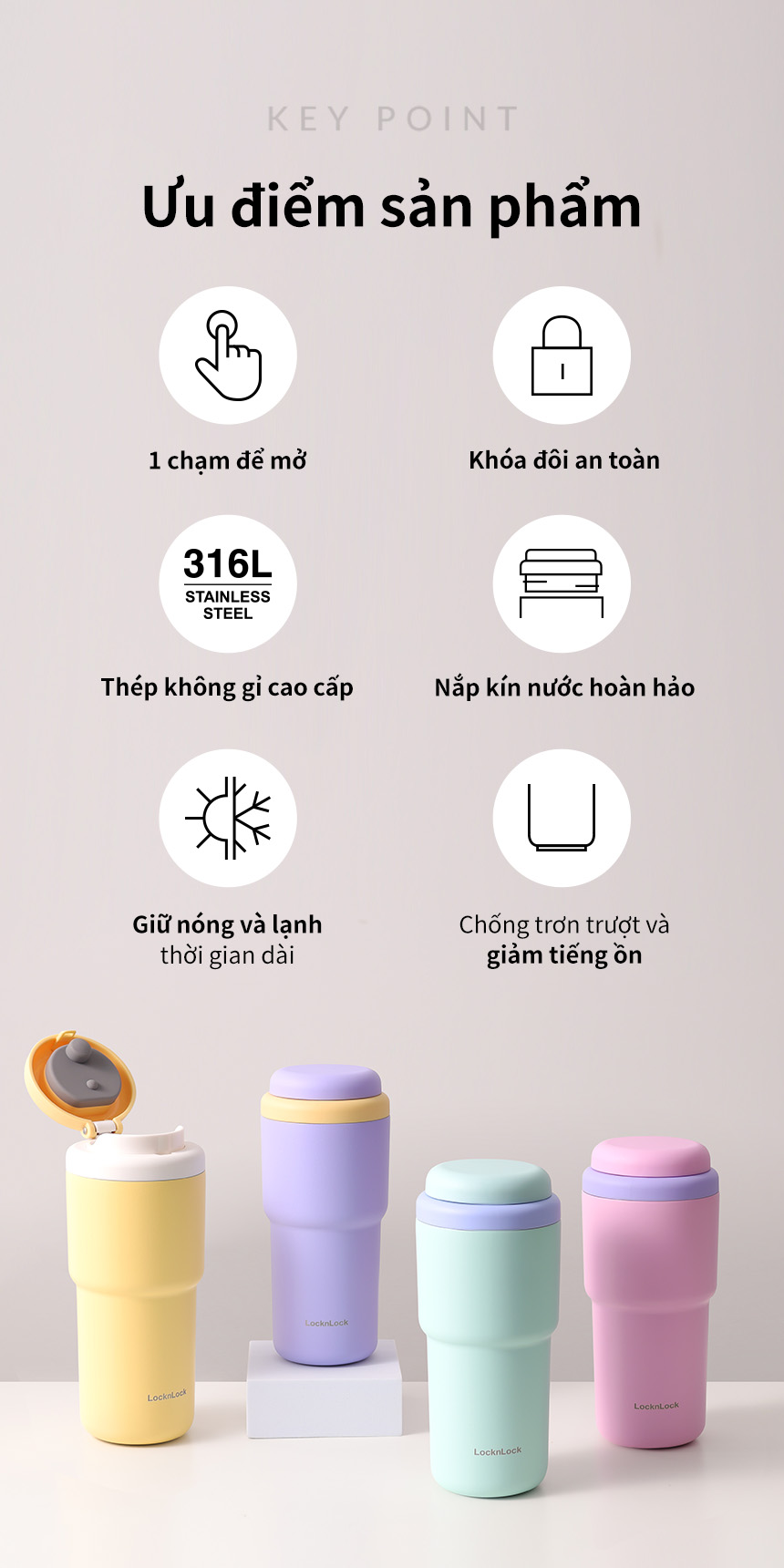 Bình giữ nhiệt LocknLock 480ml Daily Macaron Tumbler LHC3292 , Inox 316L , mở nắp một chạm - K ...