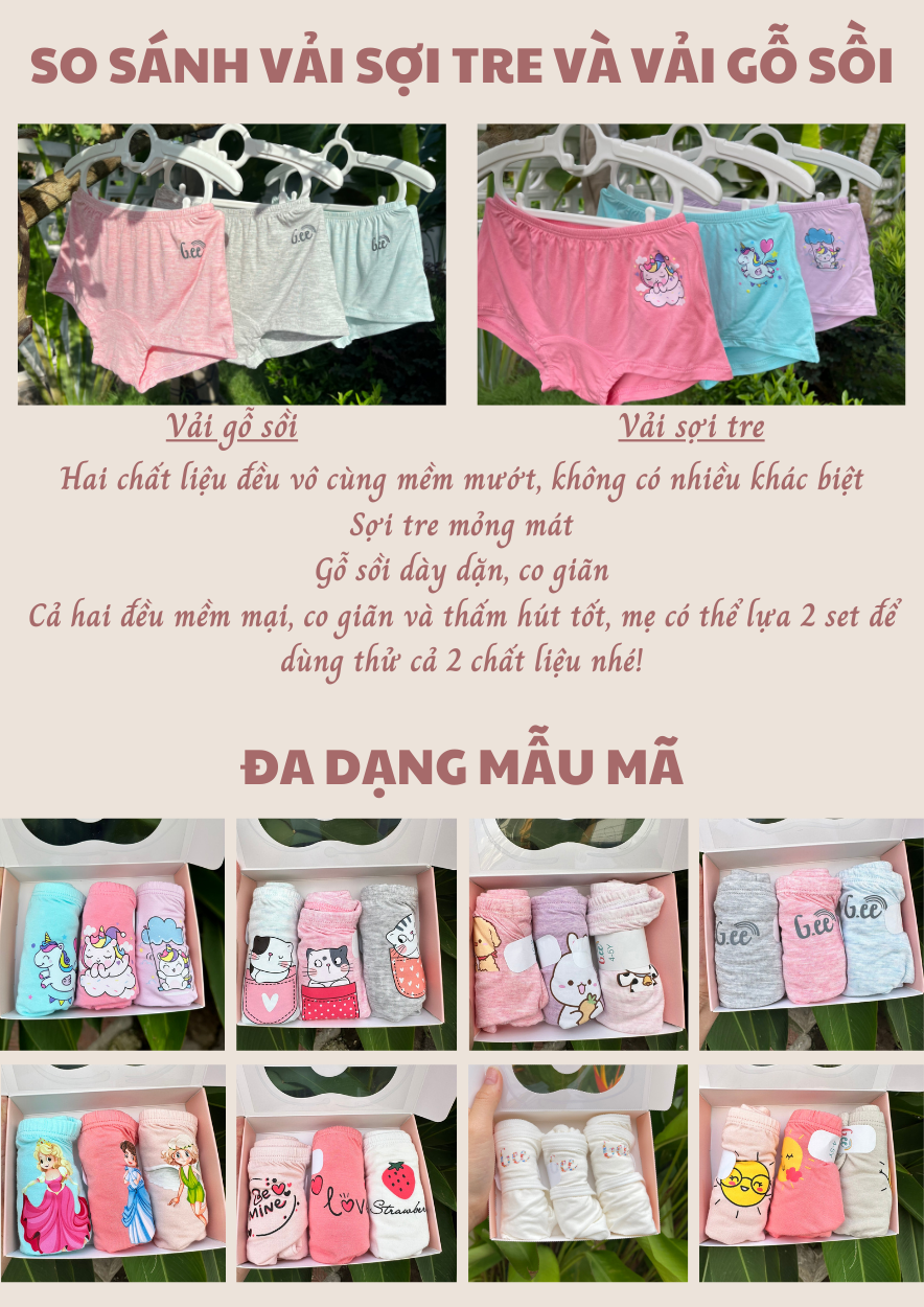 Set 3 chip đùi bé gái Gee cho bé từ 2 tuổi đến 15 tuổi, vải sợi tre, gỗ ...