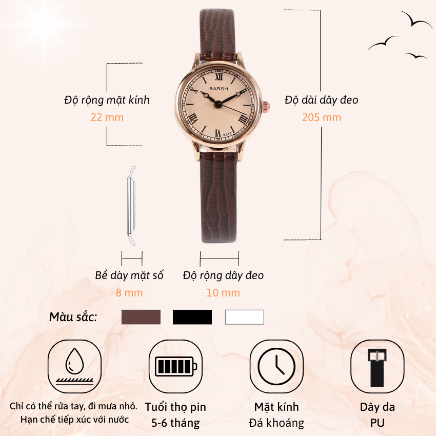 Đồng hồ nữ thời trang vintage BARSH DH06 mặt nhỏ dây da mềm ôm tay ...