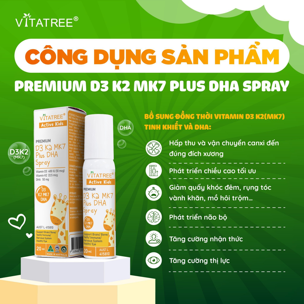 D3K2 dạng xịt Vitatree Premium D3K2MK7 Plus DHA 20ml bổ sung D3K2 và DHA giúp bé phát triển não ...