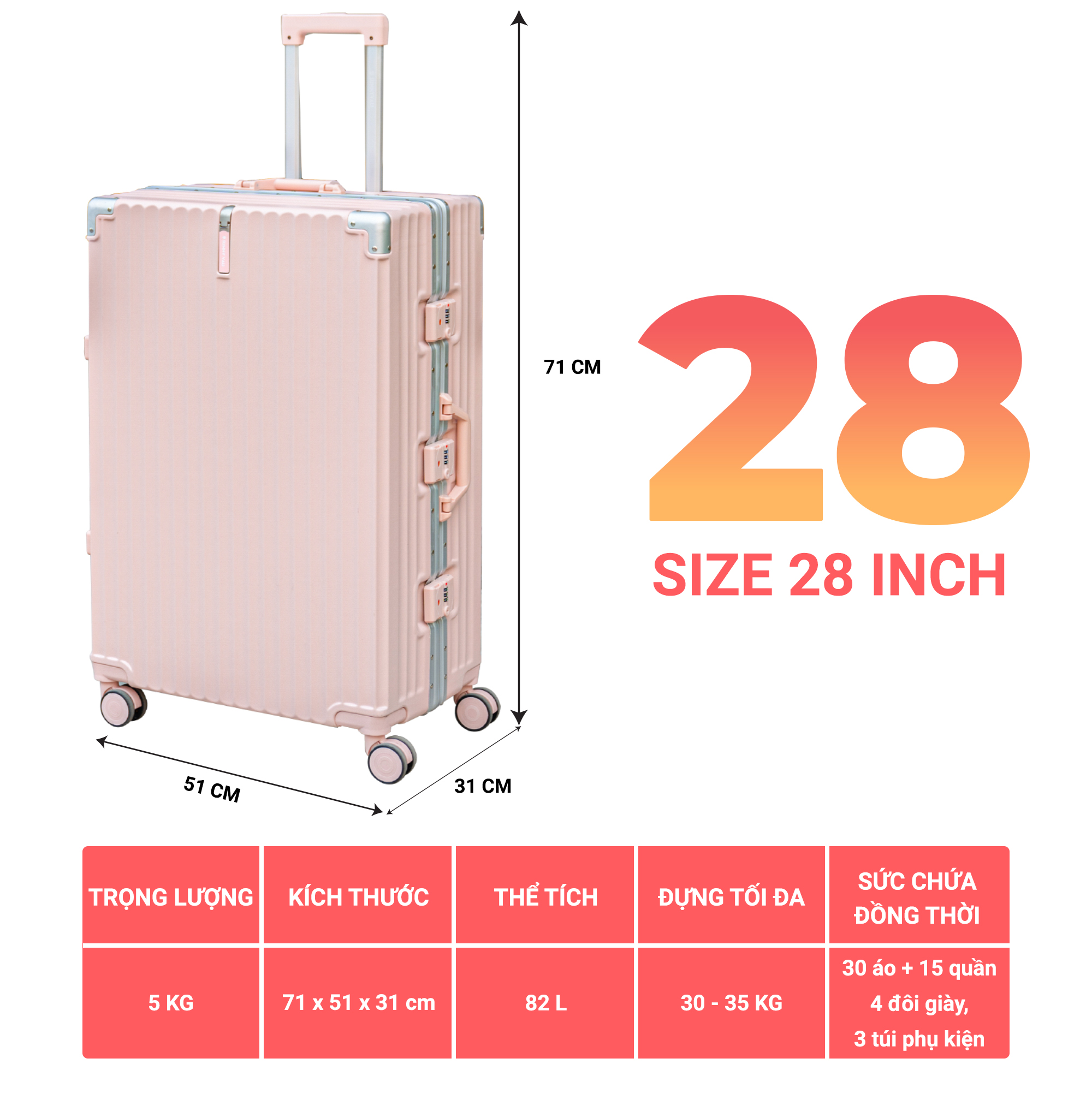 Vali SIZE 28 inch - SUNNY LUMI LM01 nhựa PC, bo góc khung nhôm - khóa ...