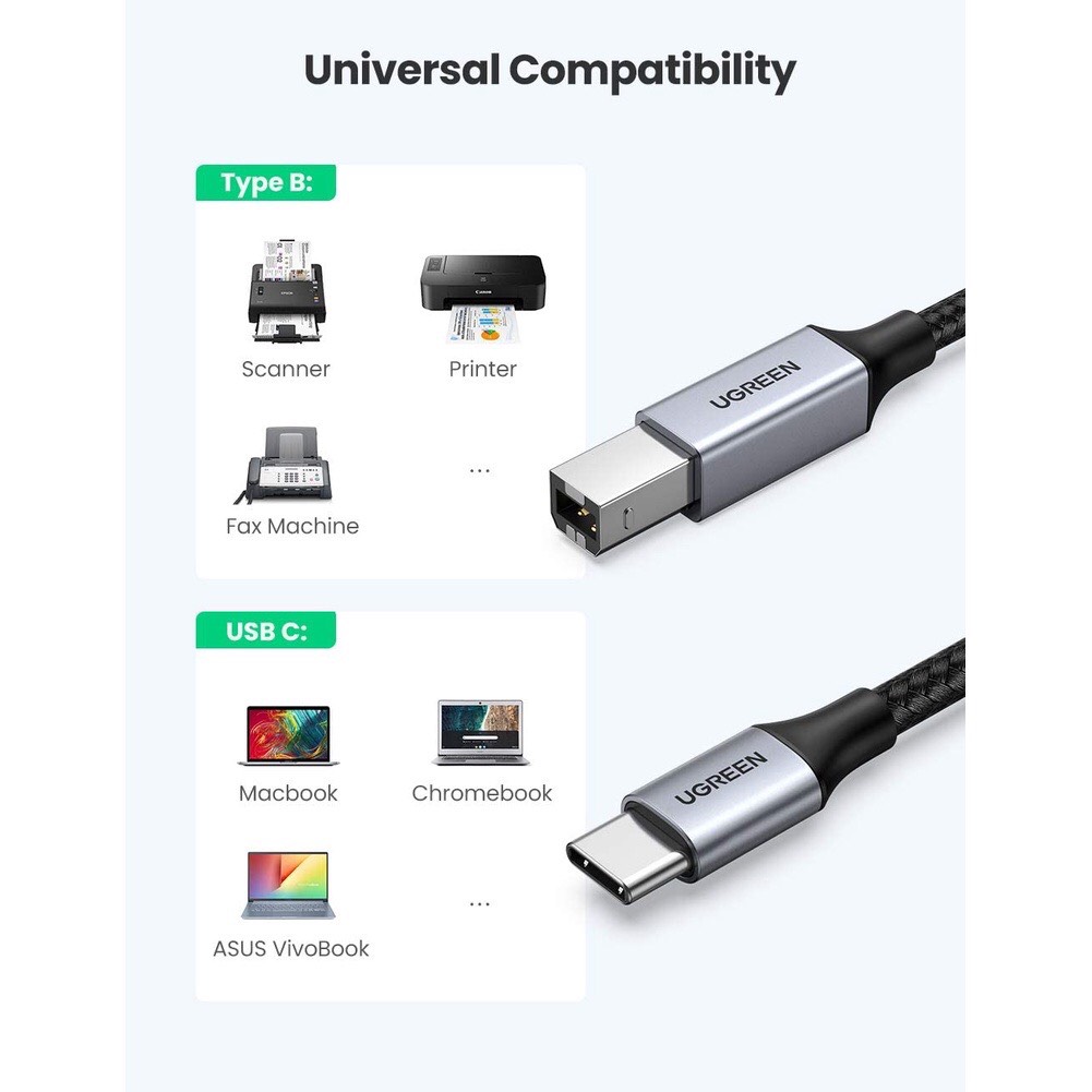 Cáp máy in USB Type-C to USB Type-B dài 1M, 2m, 3m bọc dù Ugreen hàng ...