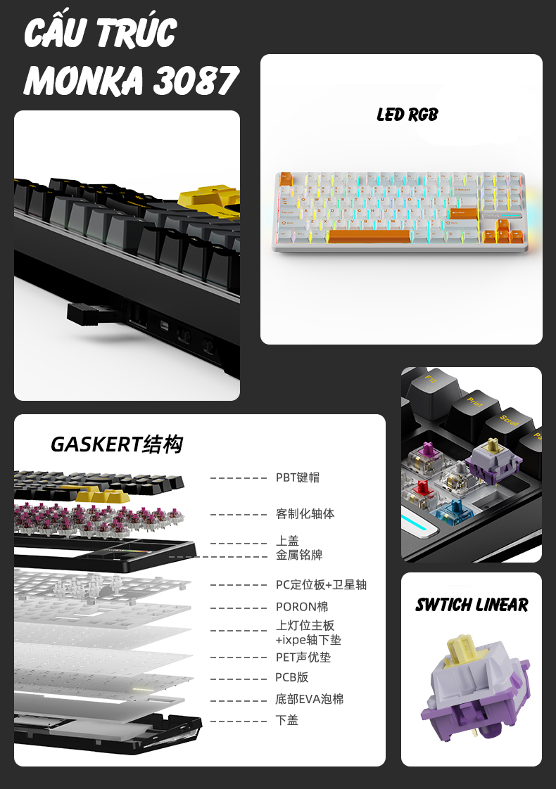 Bàn phím cơ bluetooth không dây MONKA 3087, Led RGB, Kết Nối 3 Mode ...
